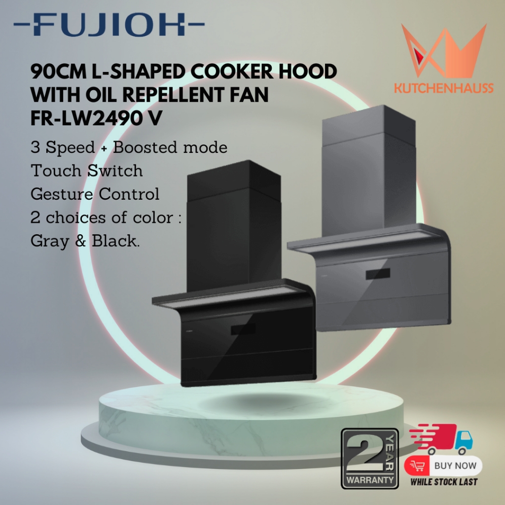 FUJIOH 895MM L-shaped Cooker Hood With Oil Repellent Fan FR-LW2490 V (Black / Gray ...