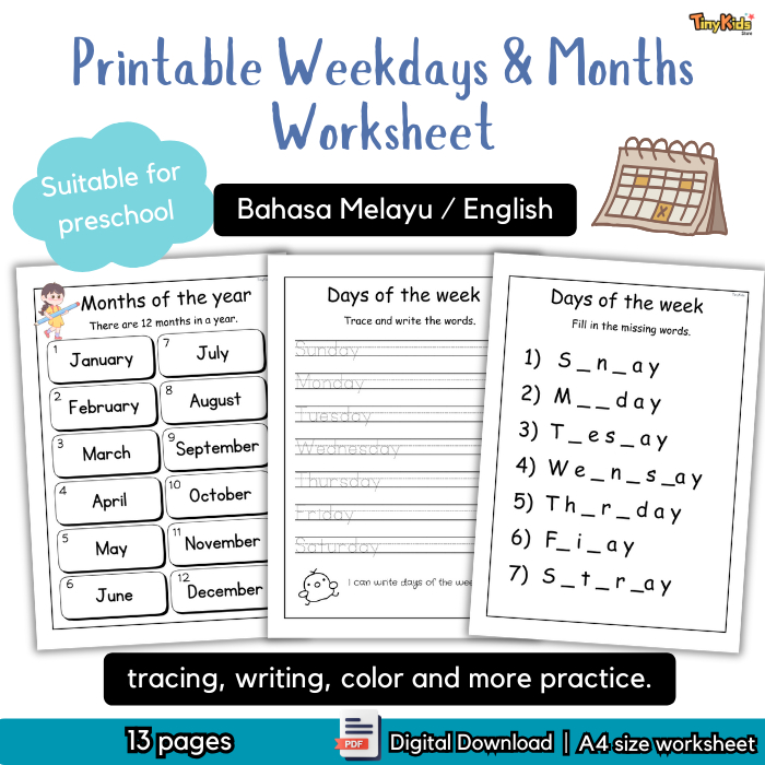 W015 PDF Printable Days of Week Months of Year Practice Worksheet for ...