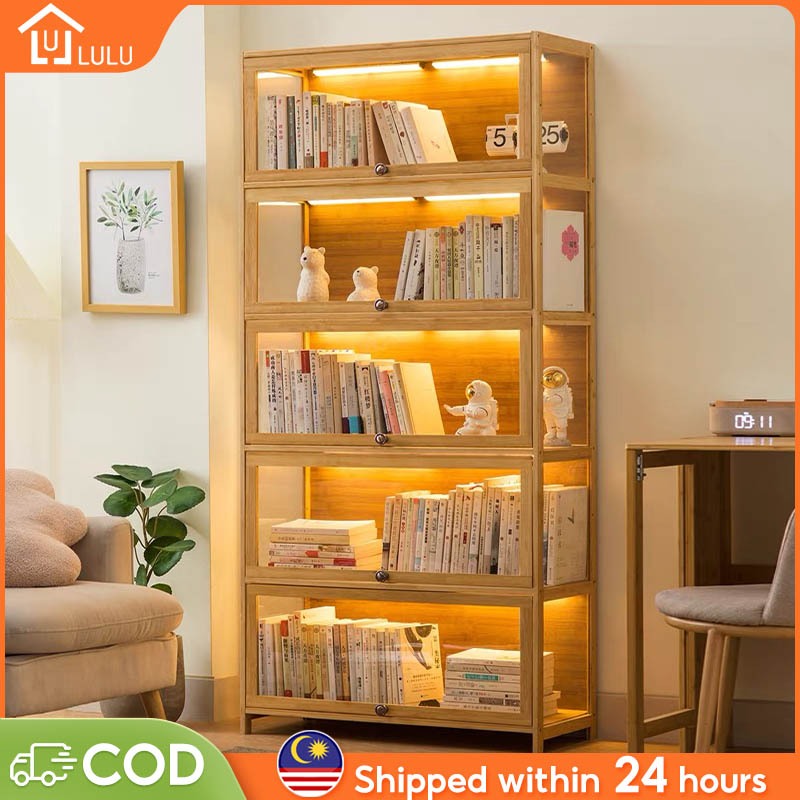 LULU Bamboo Book Shelf Almari Buku 3/4/5 Layers Acrylic Storage Cabinet ...