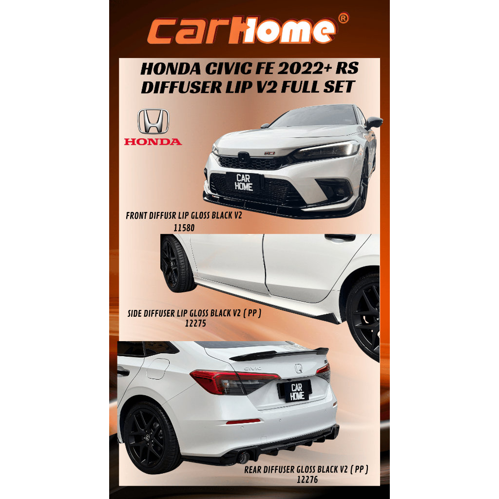 HONDA CIVIC FE 2022+ RS (FRONT , SIDE, REAR) SKIRT DIFFUSER GLOSS BLACK ...