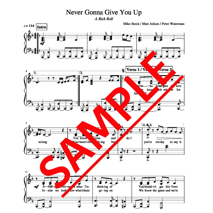 Never Gonna Give You Up (Rick Astley) Piano Music Sheet | Sheet Music ...