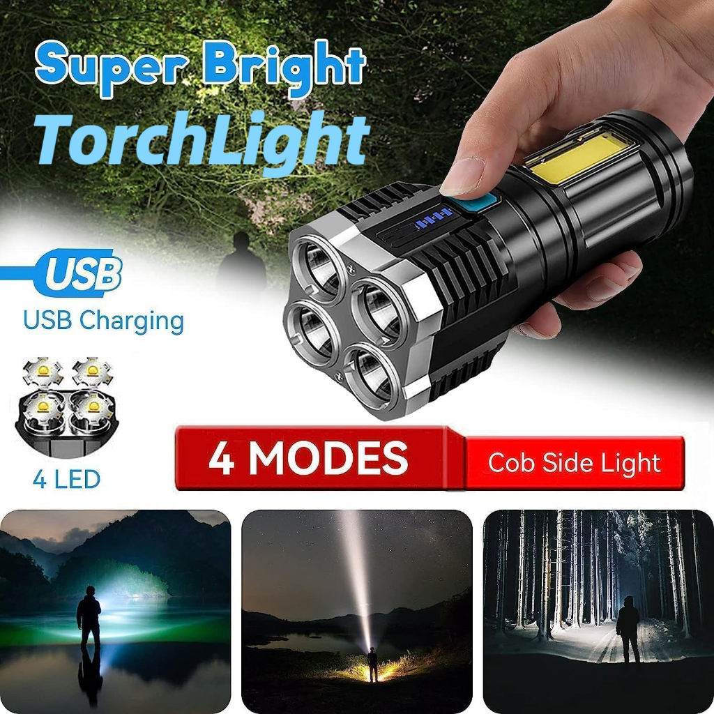 LED Torch Light Rechargeable Waterproof 4 Mode + COB Work Flashlight ...