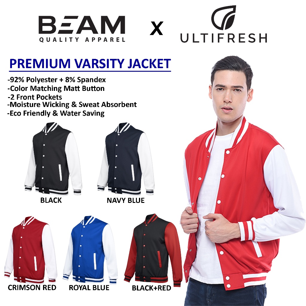 BEAM X ULTIFRESH VARSITY JACKET WITH Matt Button BLACK/NAVY BLUE/RED ...