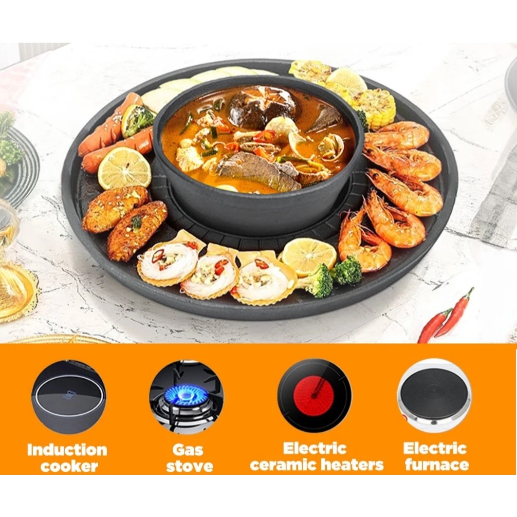 35cm 2-IN-1 BBQ PLATE AND BOWL CAST IRON /steamboat / grill pan Korean ...