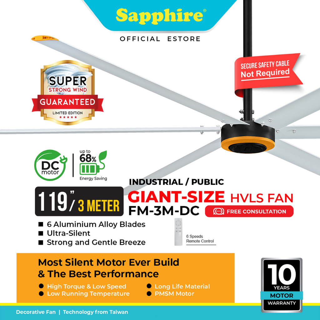 Sapphire FM-3M-DC HVLS Fan | 119" | DC Motor | 6 Speeds with Remote ...