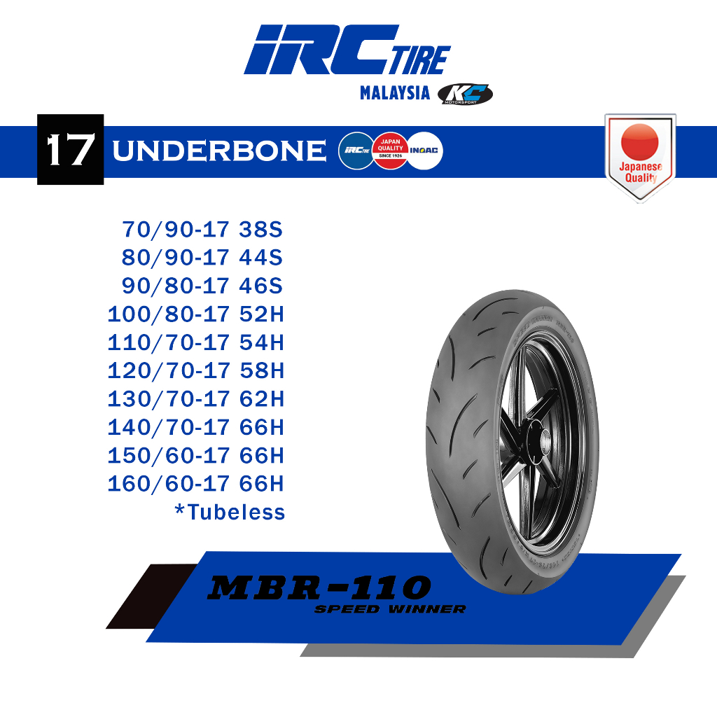 IRC MBR-110 Speed Winner 70/90-17 > 160/60-17 TL (Tubeless) | Shopee ...