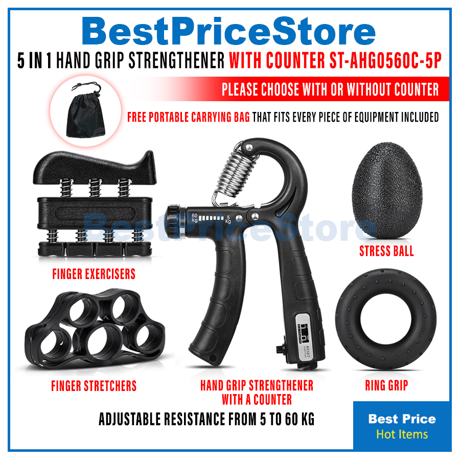 BPS 5in1 Hand Grip with Counter 5-60KG Adjustable Hand Finger Exerciser ...