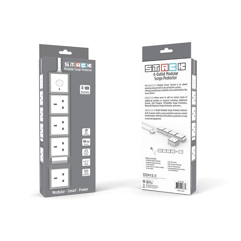 STACK 4-Port UK Plug Modular Surge Protector Extension Socket + Dual ...