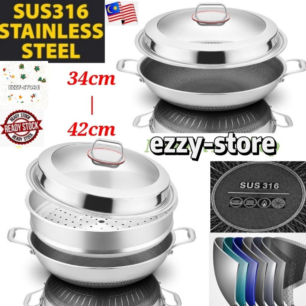 KATA SUS316 Stainless Steel Honeycomb Pan Steamer Non-Stick Wok With ...