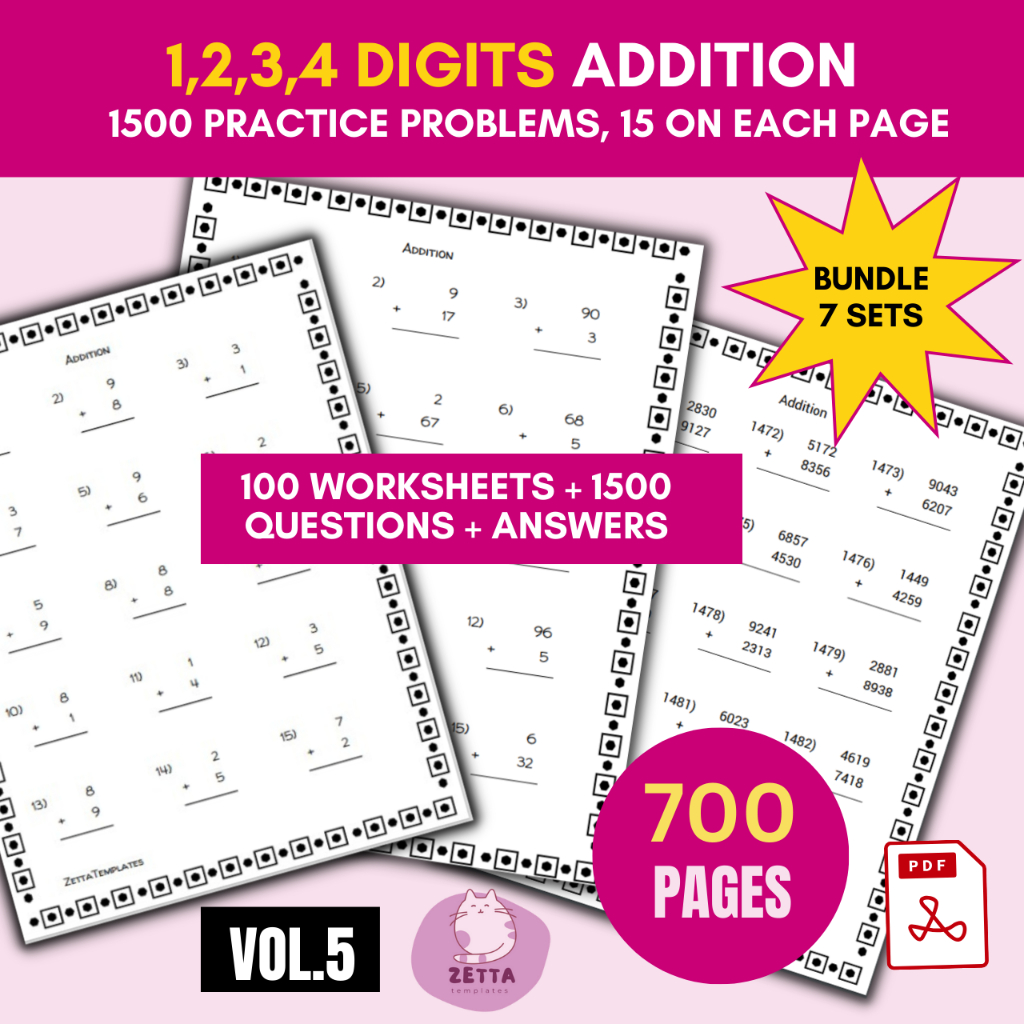Additional Math Practice Worksheet Printable PDF 1, 2, 3 & 4 Digits ...
