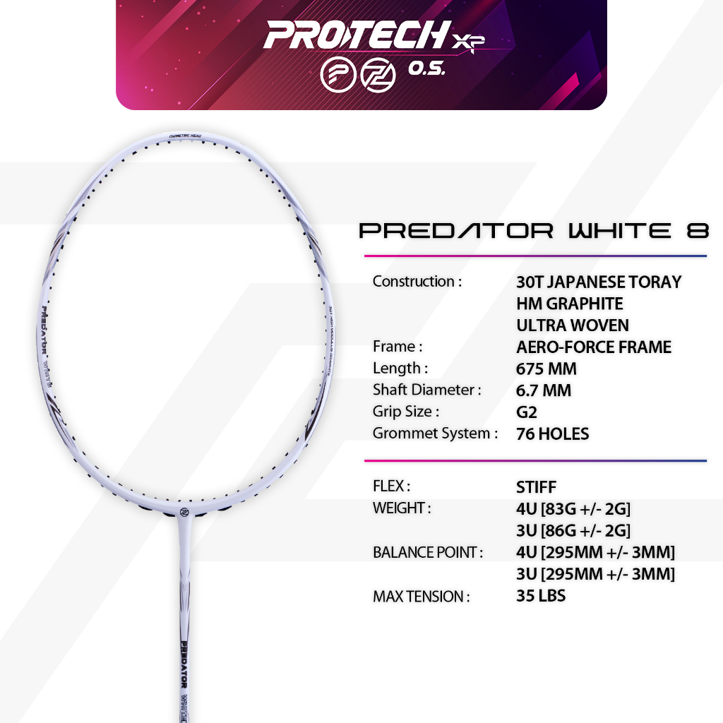 PROTECH Badminton Racket - Predator White 8 (3UG2) (MAX 35LBS) (FREE ...