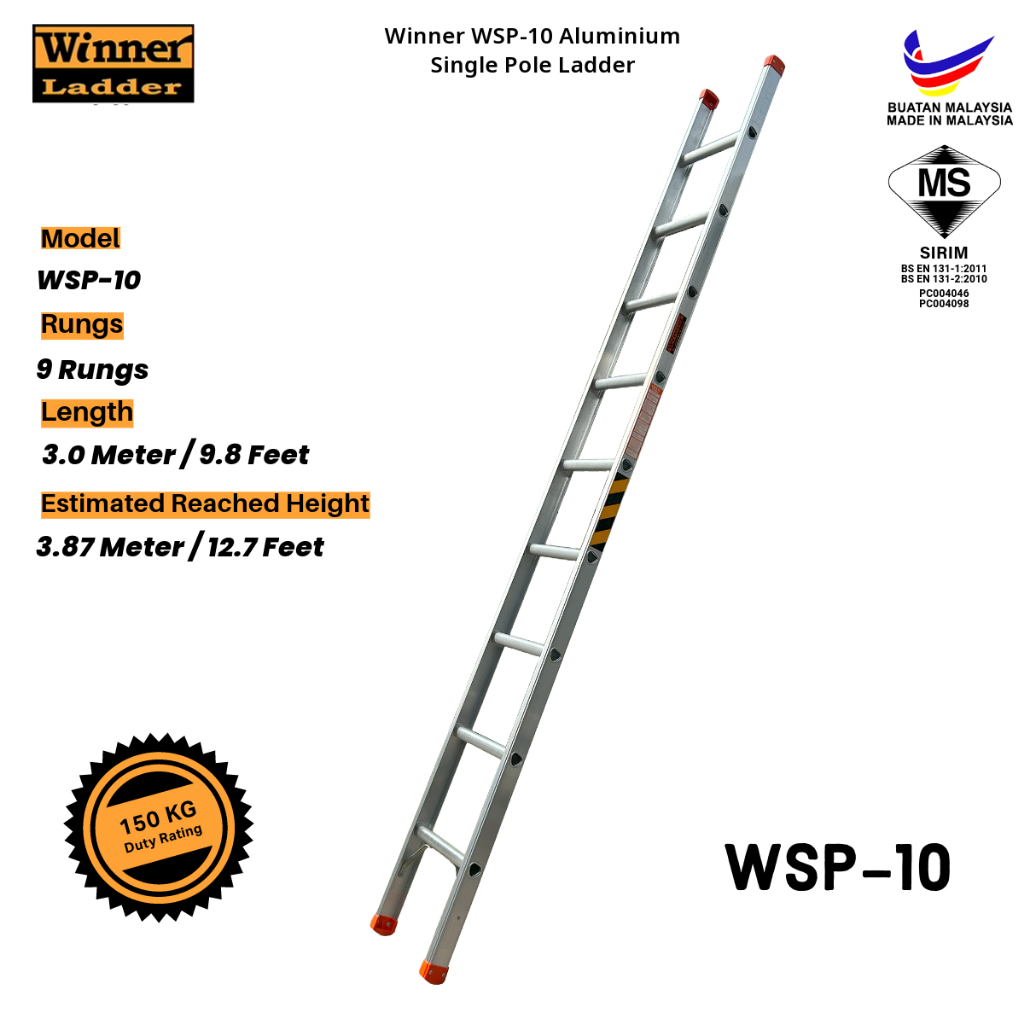 Winner Ladder WSP-10 Aluminium Single Pole Ladder 150KG Duty Rating ...