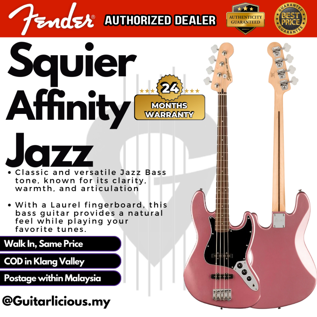 FENDER Squier Affinity Series Jazz Bass Guitar, Laurel FB, Burgundy ...