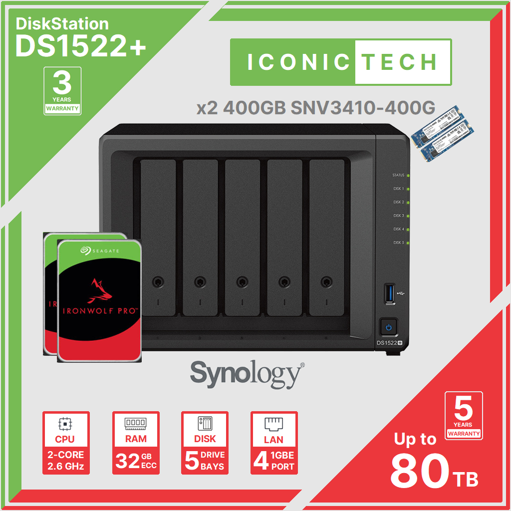 Ironwolf Pro 8TB~80TB Synology DS1522+ 32GB ECC (x2 400GB SSD Cache ...