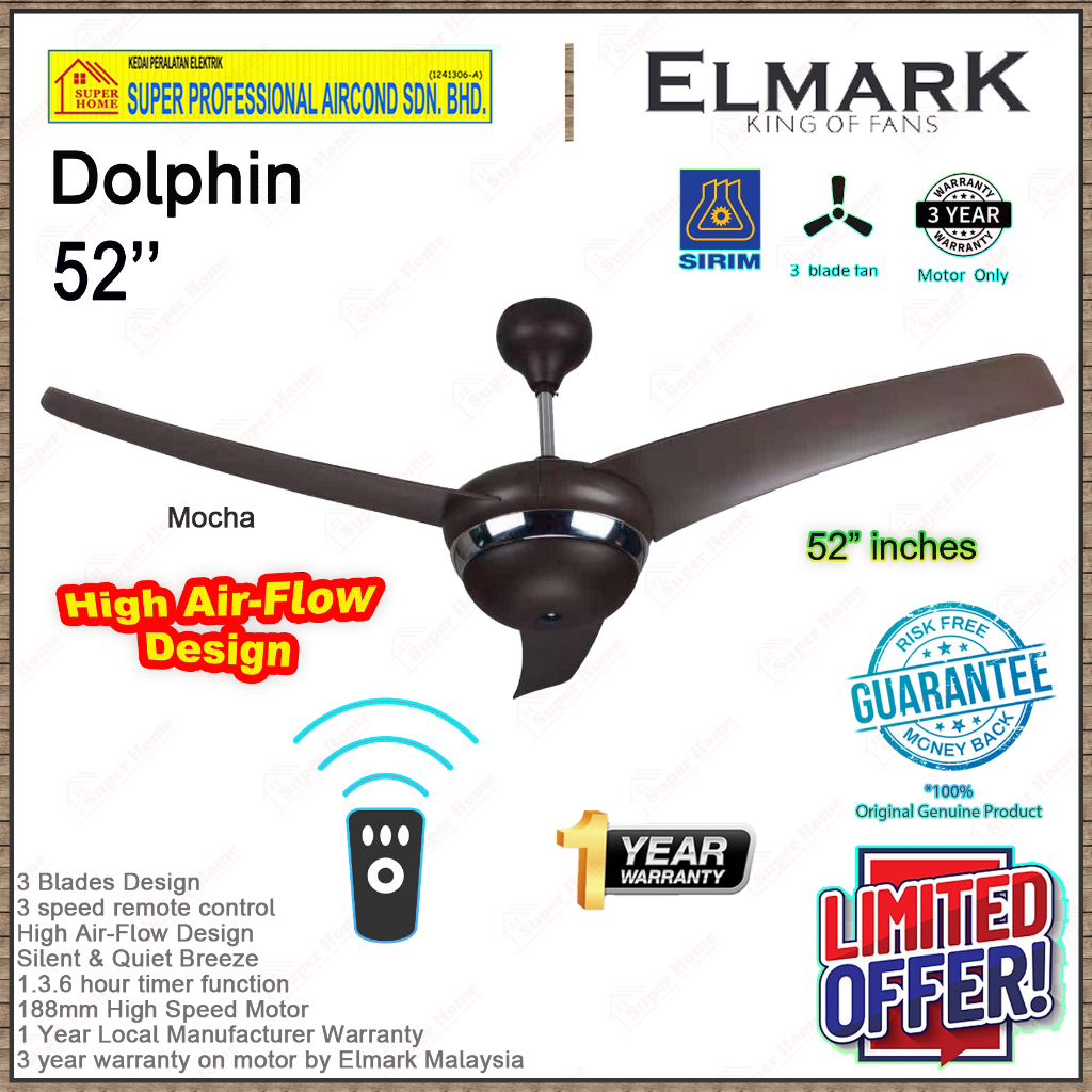Elmark Ceiling Fan Dolphin (Mocha) 52 inches Remote Control AC motor ...