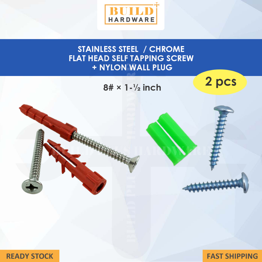 8# x 1-1/2" Stainless Steel / Chrome Flat Head Self Tapping Screw X 2 ...