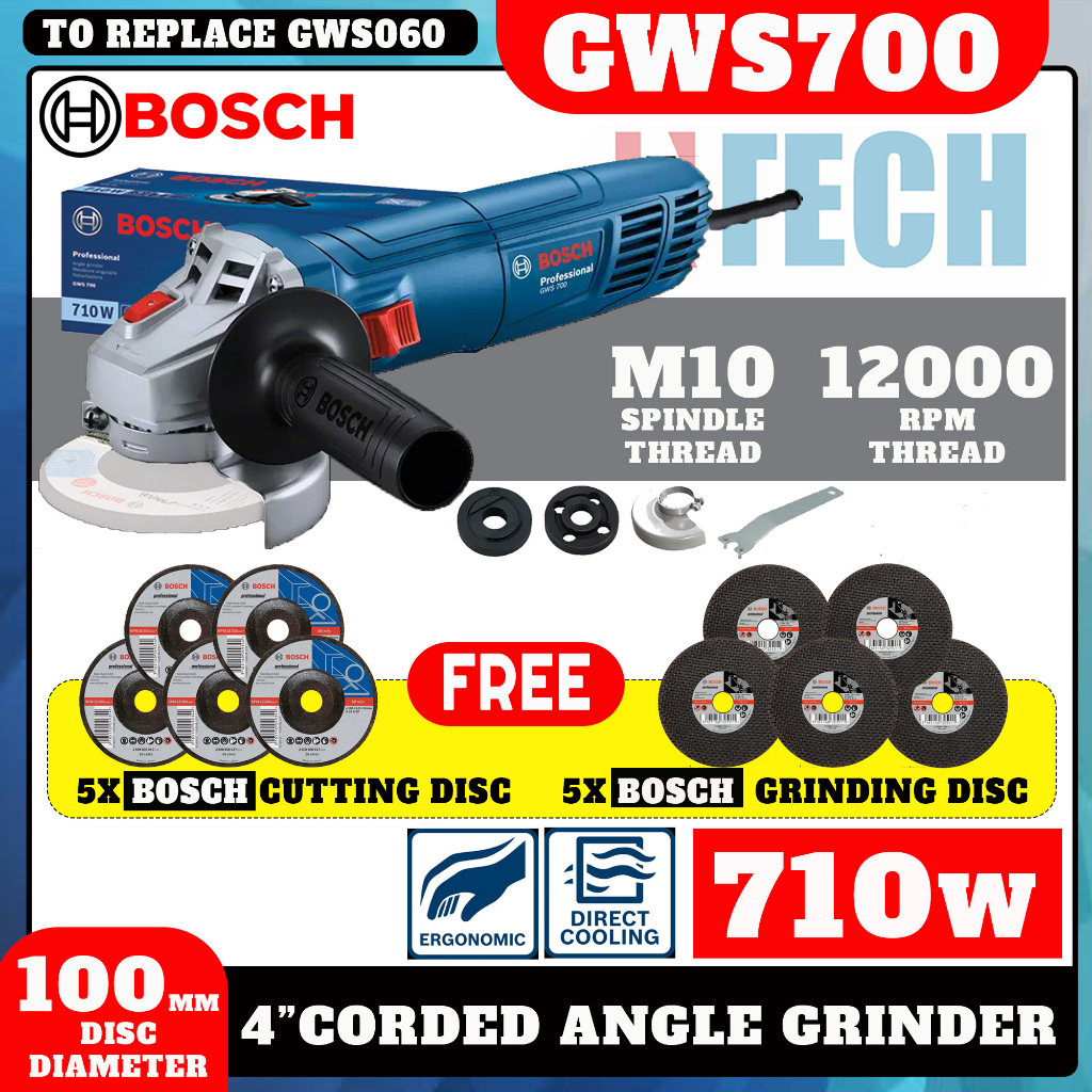 BOSCH GWS700 4" / 100MM Angle Grinder C/W 5X Bosch Metal Cutting Disc ...
