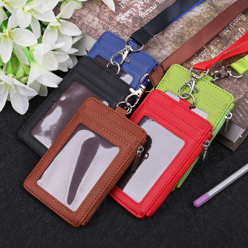 Premium PU Leather Lanyard Card Holder Mini Wallet Side Zip Rope ...