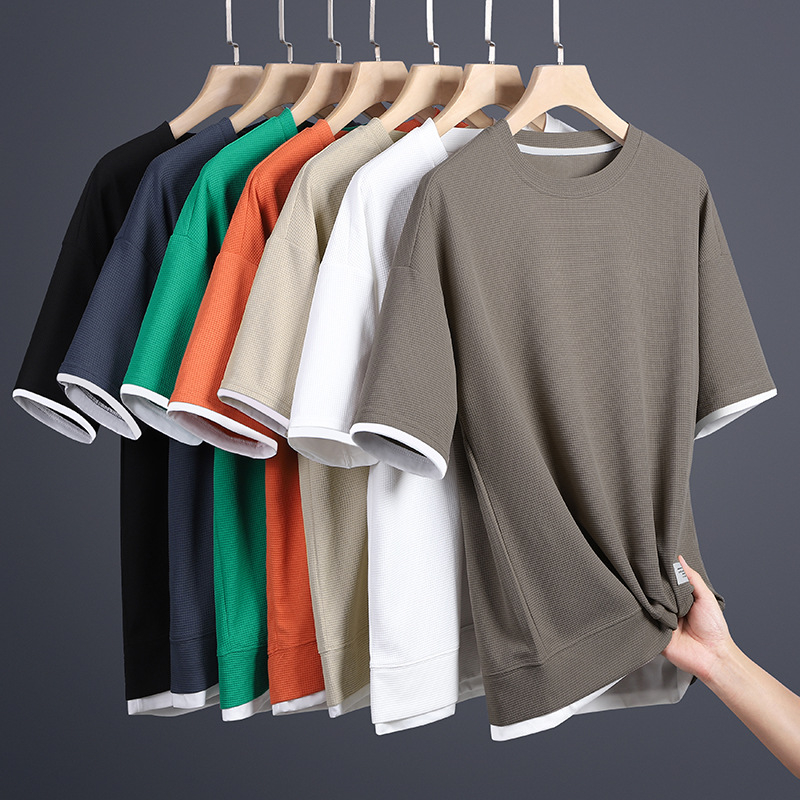 Men's Short sleeve T-shirt Fake Two-piece Label Top Loose Casual Summer ...