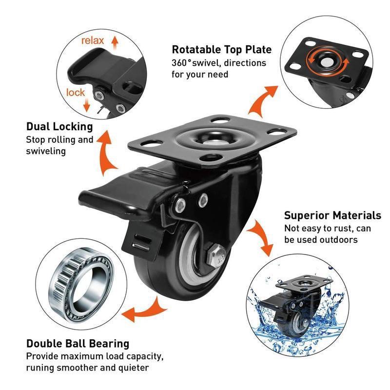 Black PU Heavy Duty Castor Wheel Swivel Rigid Brake Caster Roller m8 ...