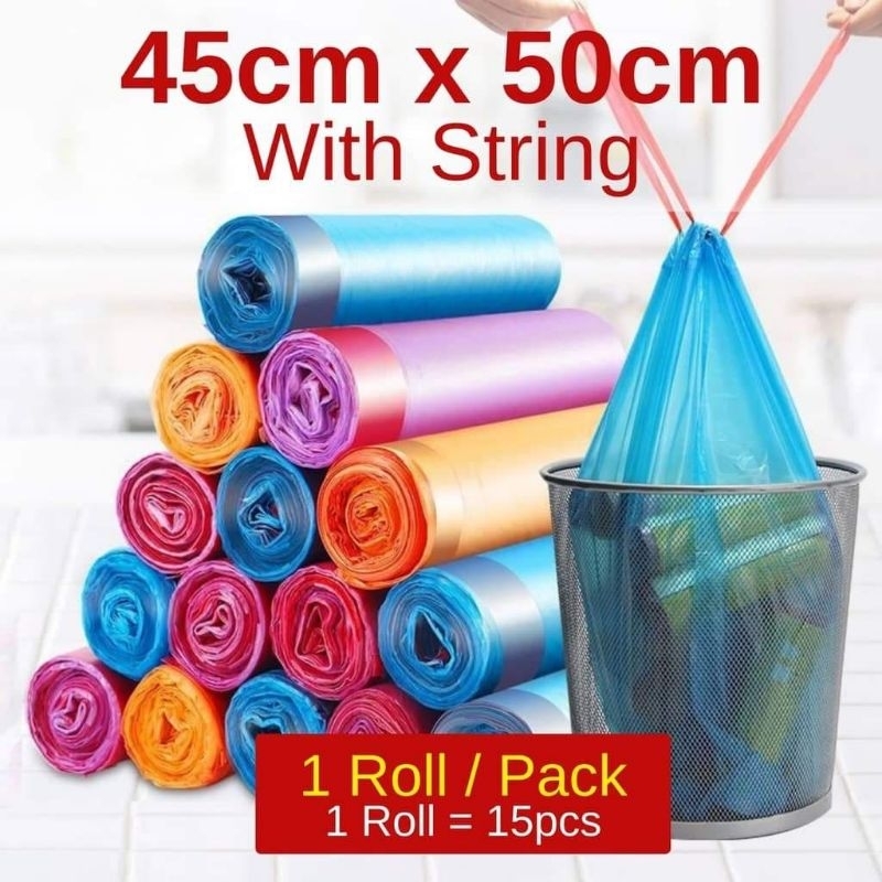 Plastic Trash Rubbish Bag With String (15pcs/Roll) 抽绳式垃圾袋(15片/卷 ...