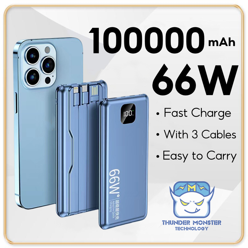100000mAh Power bank 66W Fast Charge With 3 Cable PowerBank LED Display ...