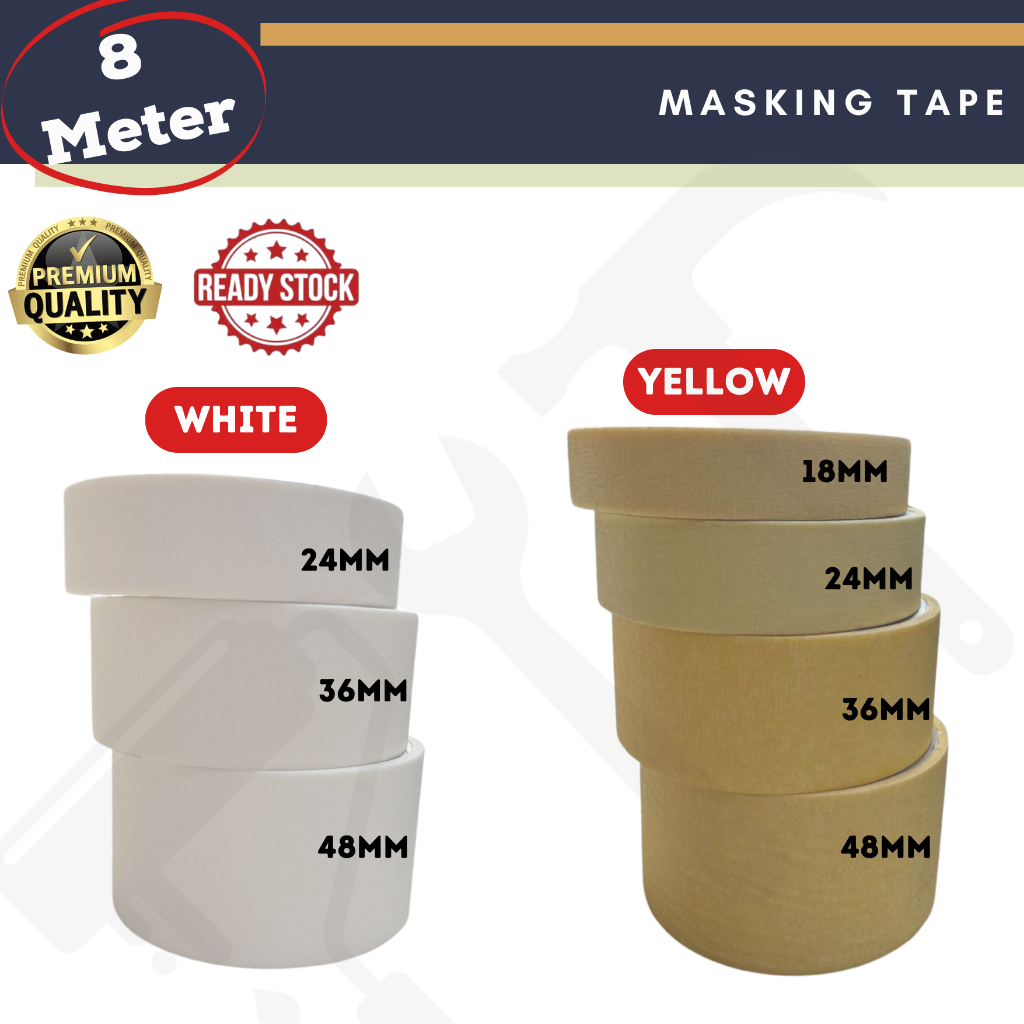 [READY STOCK] Masking Tape 18mm 24mm 36mm 48mm 8METER Yellow White ...