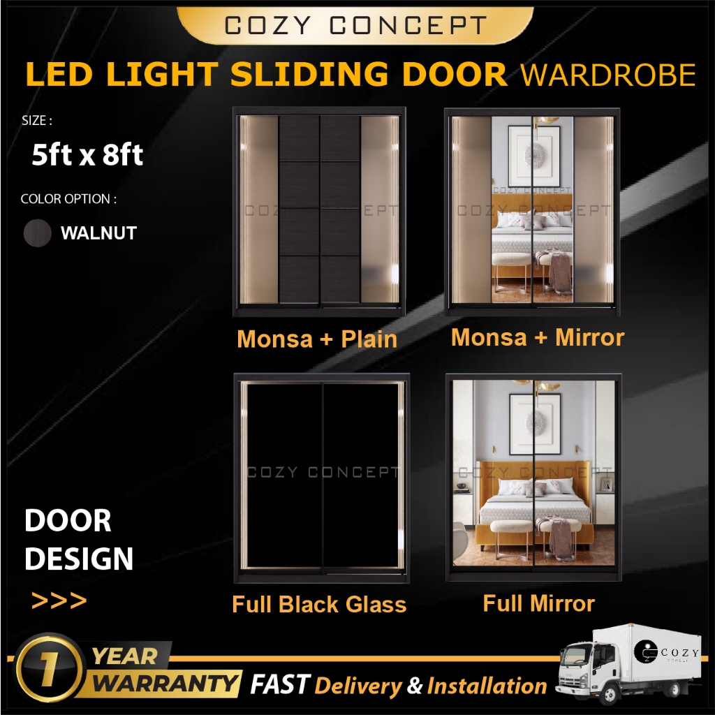 [FREE INSTALL] Almari Baju Full Glass Cermin with LED Light /Mirror ...