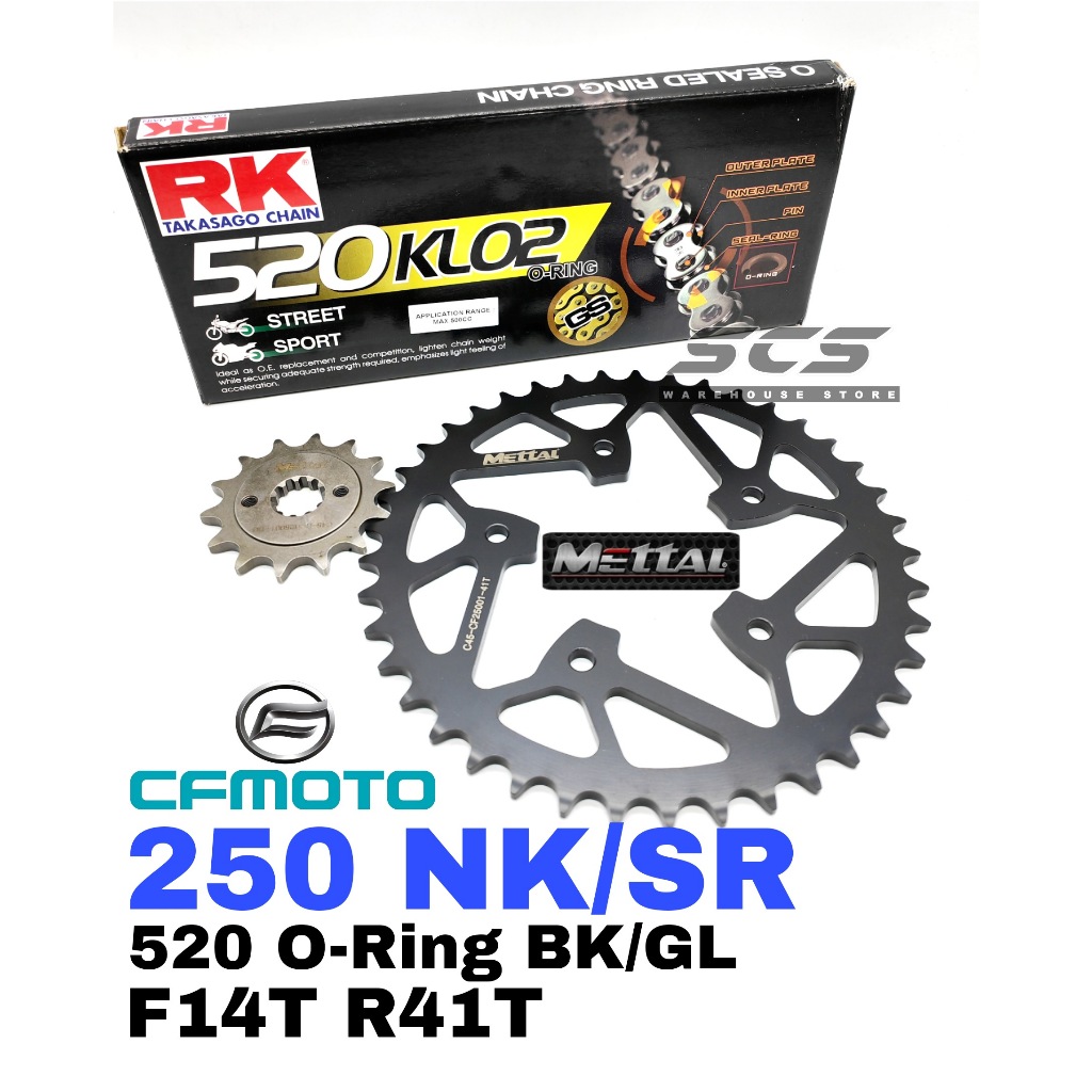 RK Chain Set CFMoto 250NK 250SR 520 KLO2 O-Ring Rivet Black Gold Mettal ...