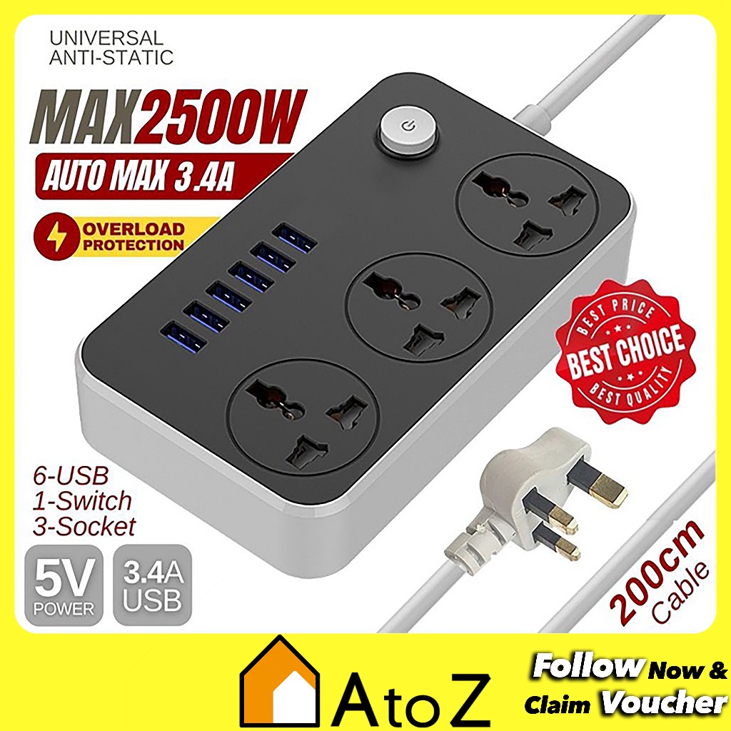 6 USB Port 3 Universal Power Strip Extension Plug Power Socket Electric ...