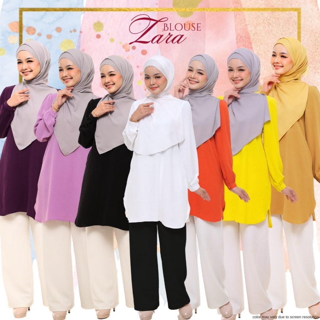 Zara Blouse Muslimah Labuh Off White Lilac Neon Gold Blouse Muslimah ...