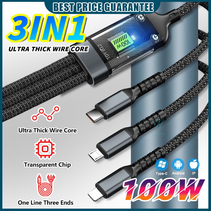 100W 3 in 1 Cable Fast Charging Cable Super 6A Micro USB Type C Fast ...