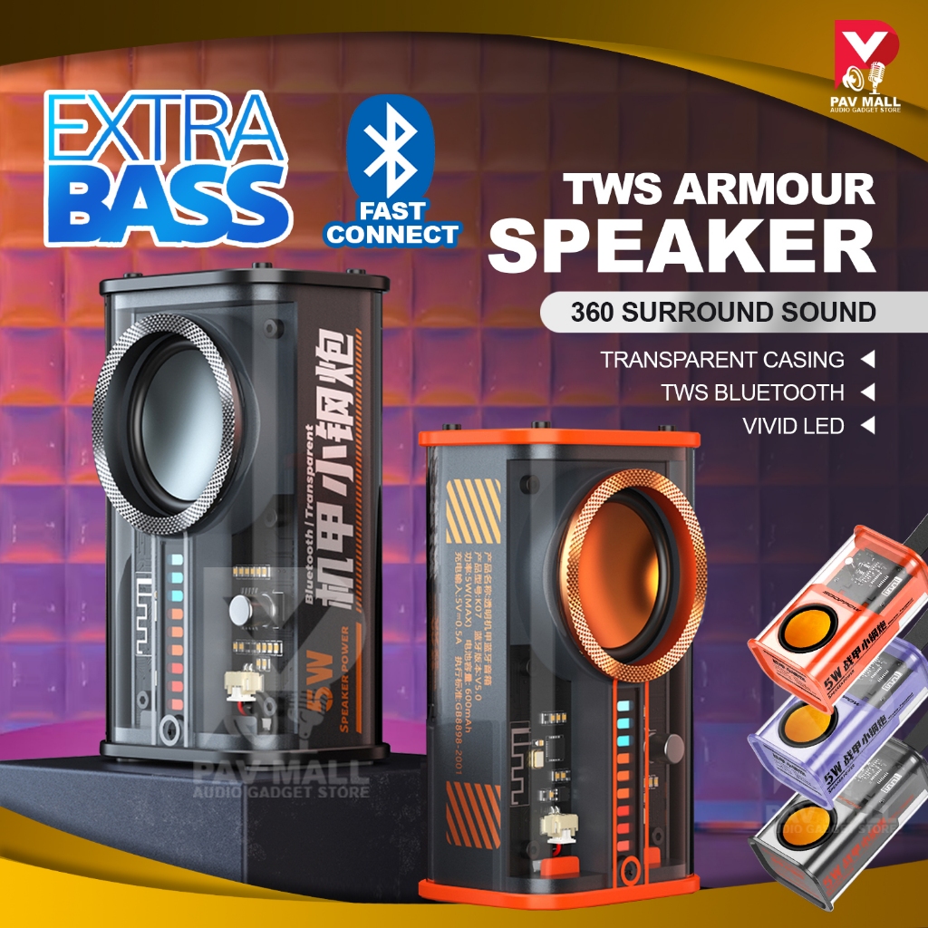 Portable Speaker Bluetooth Bass | TWS Wireless Stereo Transparent 3D Spiker Blutooth Armour K07 ...