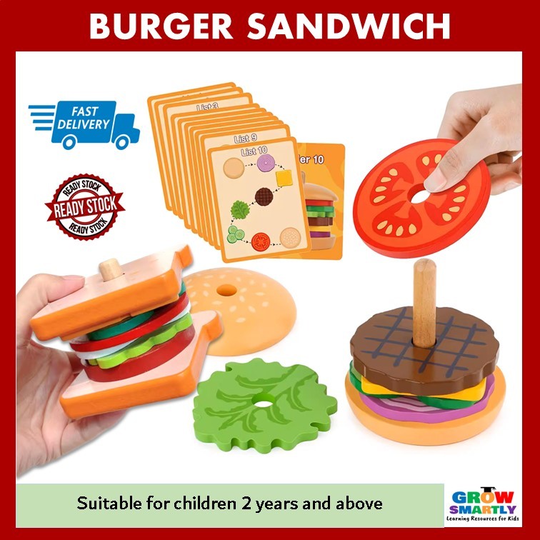 Stacking Burger Sandwich Toy Wooden Montessori Toy for kids Role Play ...