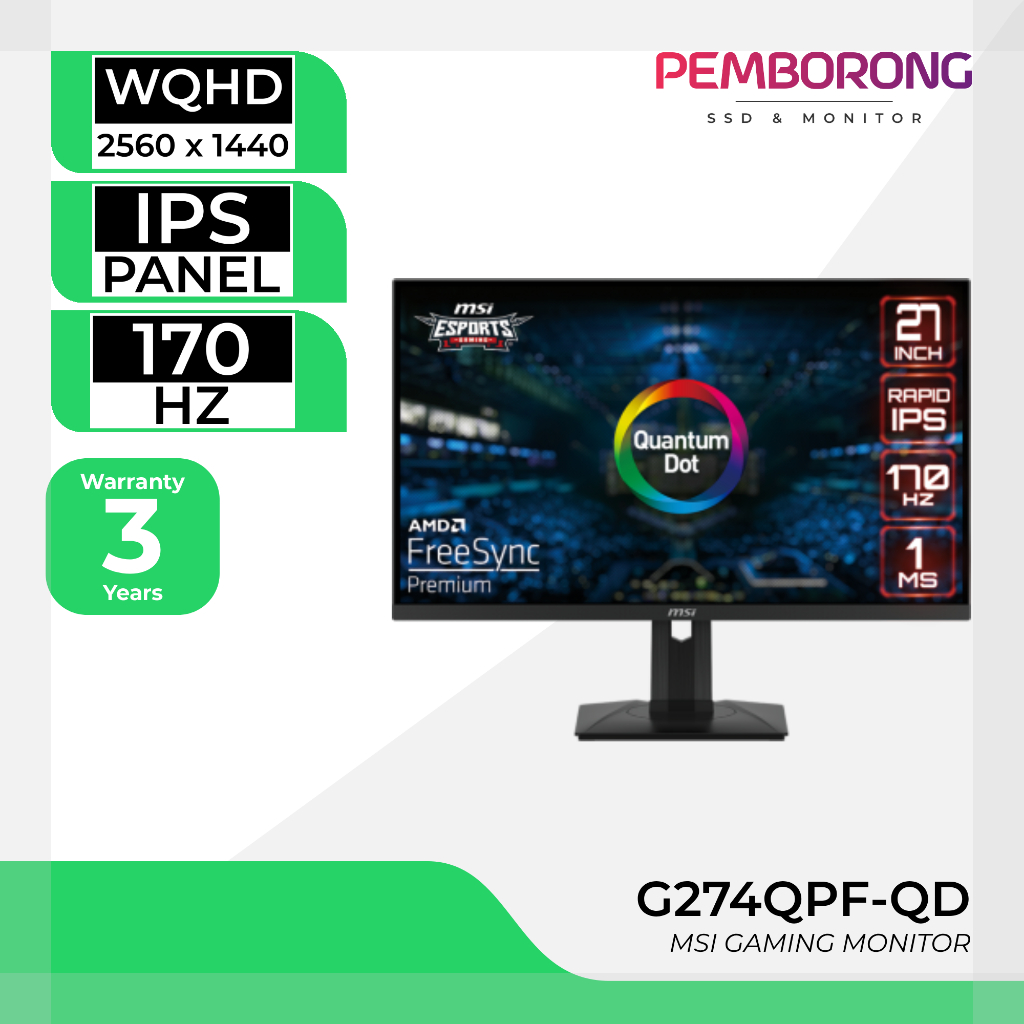 MONITOR MSI LED GAMING FLAT 27" (OPTIX G274QPF-QD) IPS/WQHD/1MS/HDMI*2/DP/USBC/VESA/PIVOT/GS ...