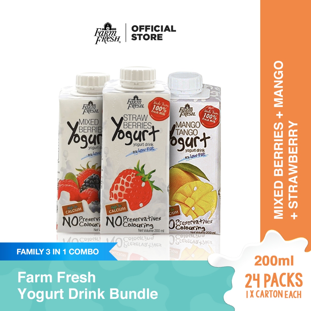 Farm Fresh UHT Yogurt Drink (Mixberry + Mango + Strawberry) 200ml x 24 ...