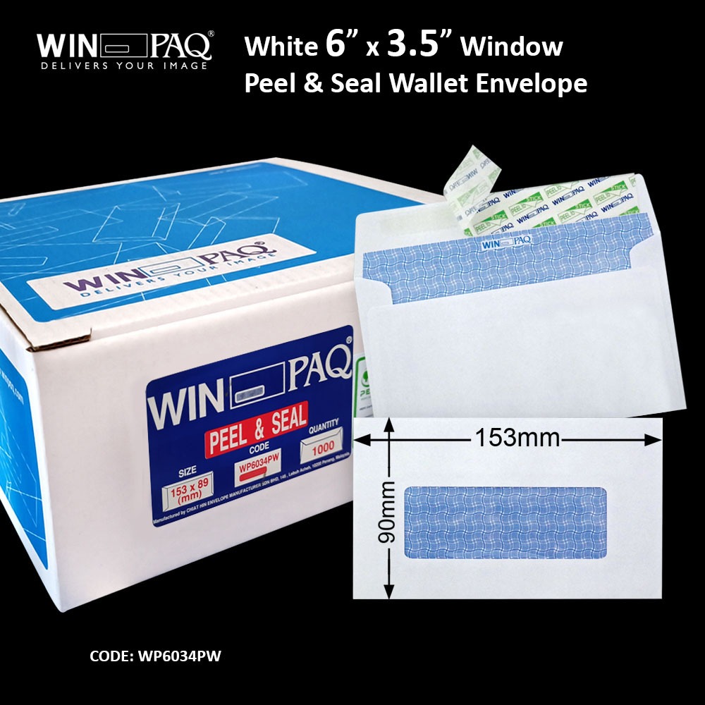 WINPAQ Envelope 6"x3.5" (153mm X 89mm) 100gsm White Opaque Peel & Seal ...