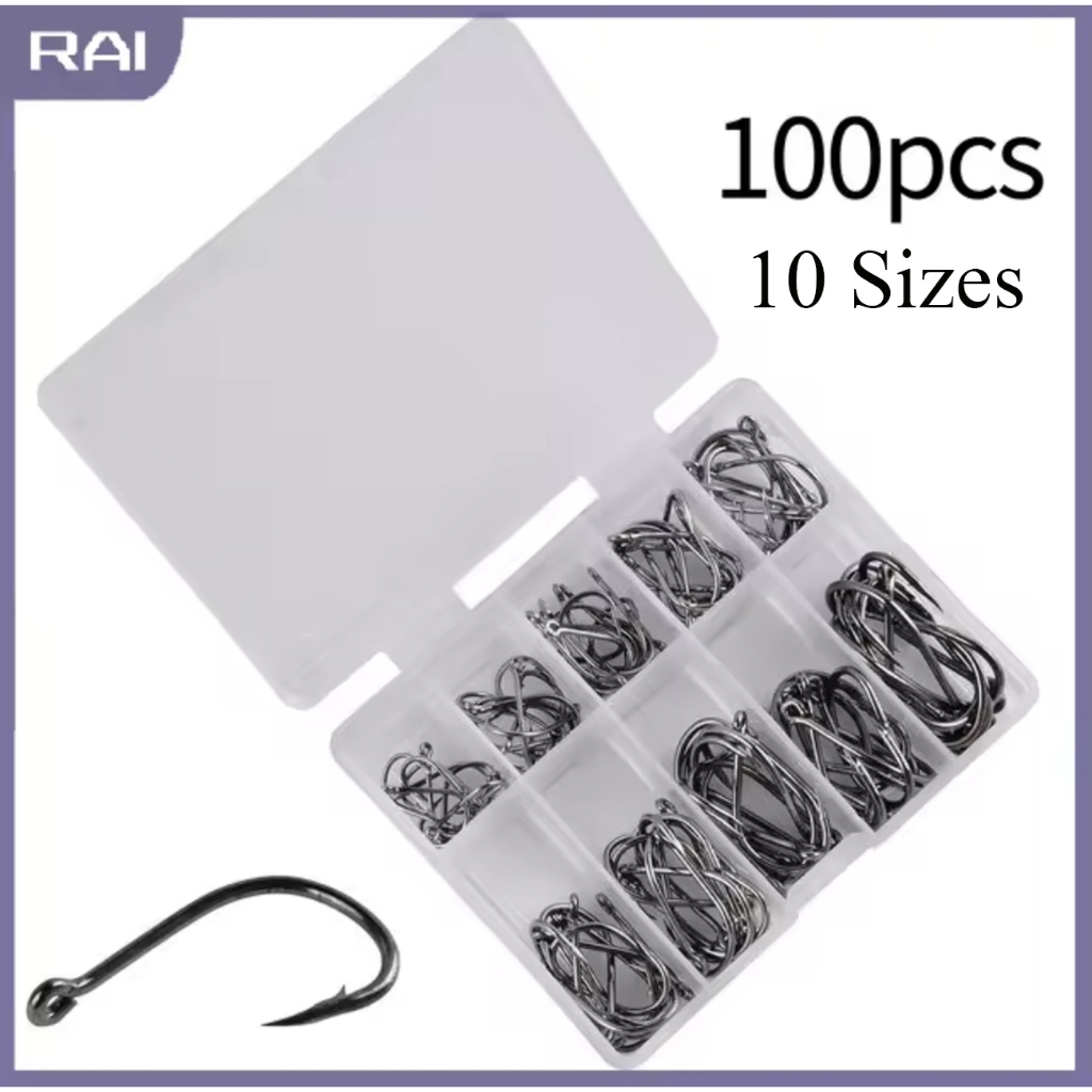 100Pcs/Box High Carbon Steel Black Fishing Chinu Hook 10 Mixed Sizes #3 ...