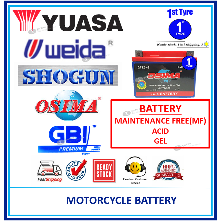 BATERI MOTOSIKAL YUASA, OSIMA, SHOGUN, WEIDA, GBI YTZ5, YB5, GM5, YTX7A ...