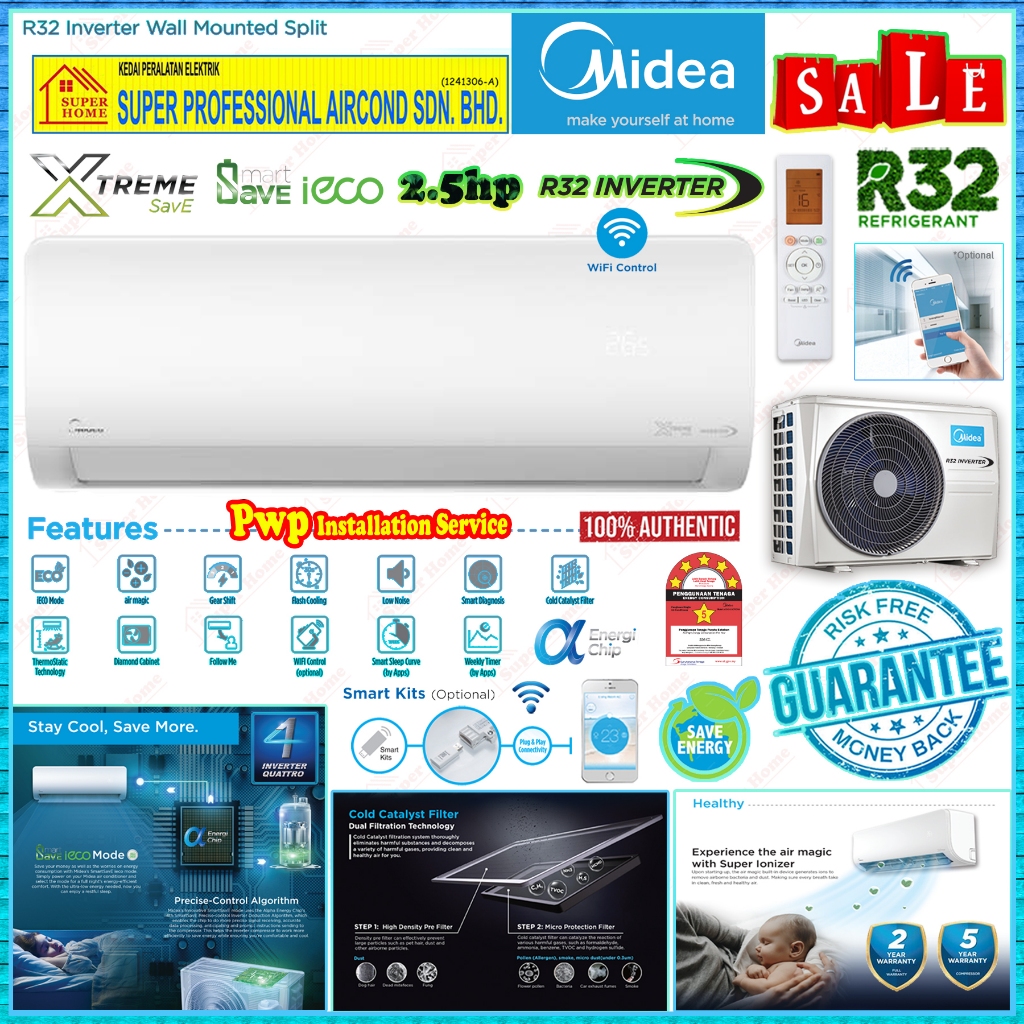 Midea Inverter Aircond [Pwp Installation] Xtreme SavE Inverter Air Conditioner MSXS-25CRDN8 2 ...