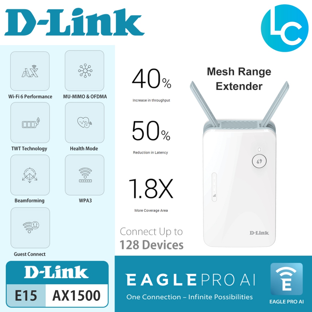 D-Link E15 Eagle Pro Ai WiFi 6 AX1500 Mesh Wireless Range Extender with ...