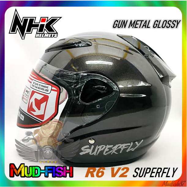 TOPI KELEDAR NHK R6V2 SUPERFLY HELMET R6 V2 (GUN METAL GLOSSY) | Shopee ...
