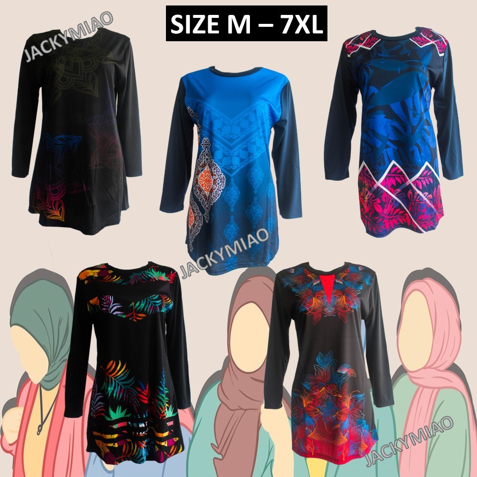 [PLUS SIZE M - 7XL] MUSLIMAH JERSEY RAYA LENGAN PANJANG ( KAIN JERSEY / FULL PRINTING) SESUAI ...
