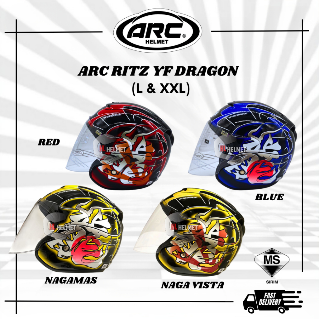 ARC RITZ YF DRAGON BLUE / RED / NAGAMAS / NAGA VISTA OPEN FACE HELMET ...