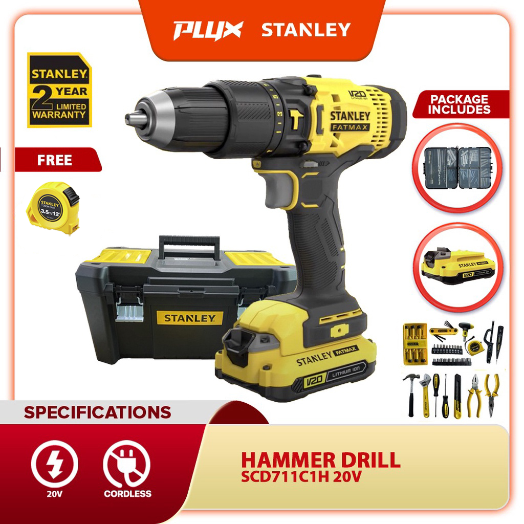 STANLEY SCD711C1H 20V FATMAX Cordless 13mm 1500rpm Hammer Drill Multi ...