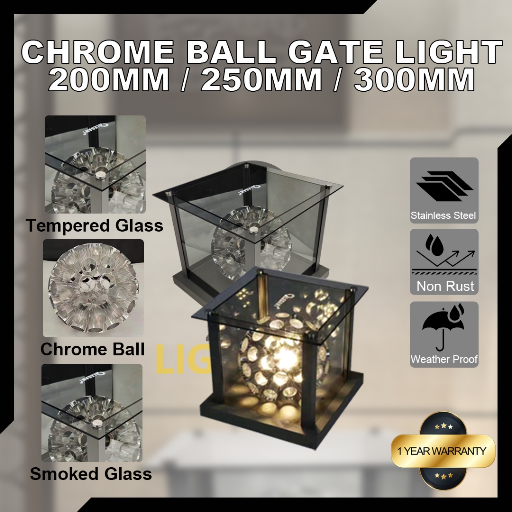 Chrome ball tempered glass NON RUST gate light E27 200MM 250MM 300MM ...