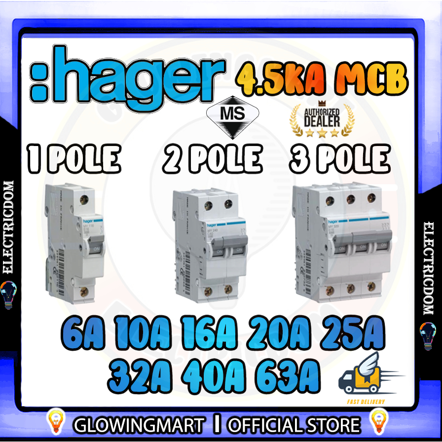 HAGER mcb 6-40A 4.5KA 6A 10A 16A 20A 32A 40A 1pole 2pole 3poles 4.5kA my106 my110 my120 my132 ...
