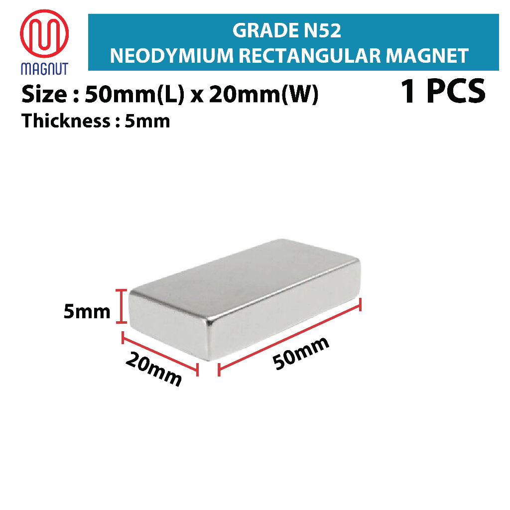 1pcs - Grade N52 Size : 50mm(L) x 20mm(W) x 5mm(T) Neodymium ...