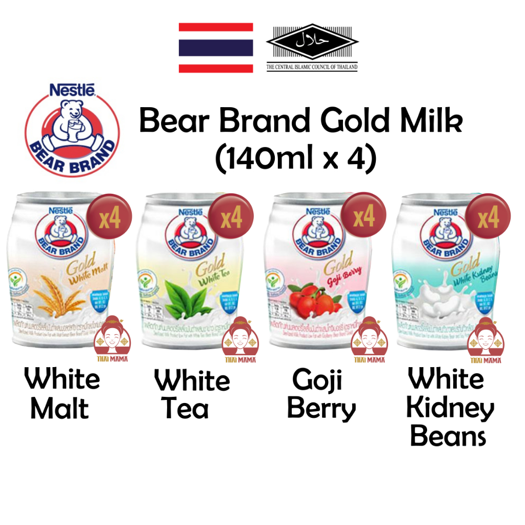 Nestle Bear Brand Gold Milk 140ml x 4 ( White Malt / White Tea / Goji Berry / White Kidney Beans ...