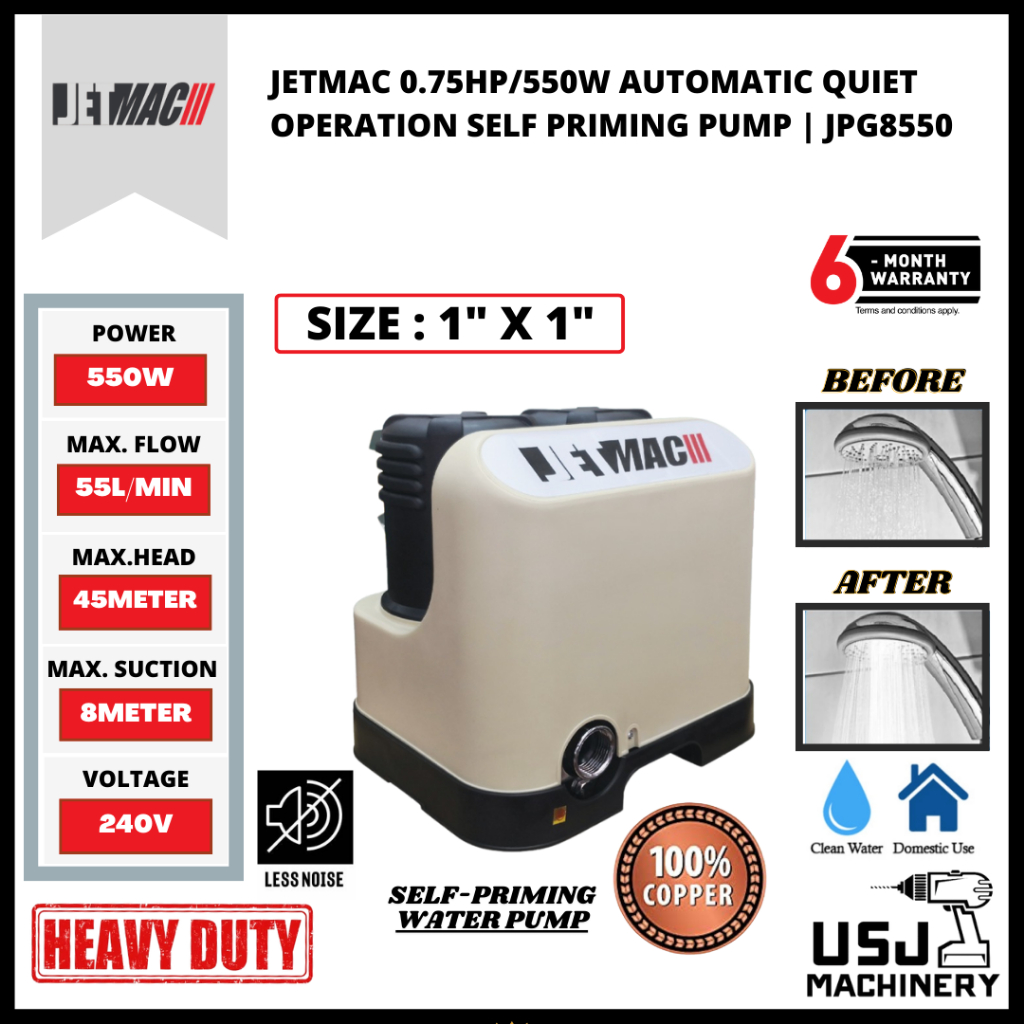 JETMAC 0.75HP/550W Automatic Quiet Operation Self Priming Pump JPG8550 ...